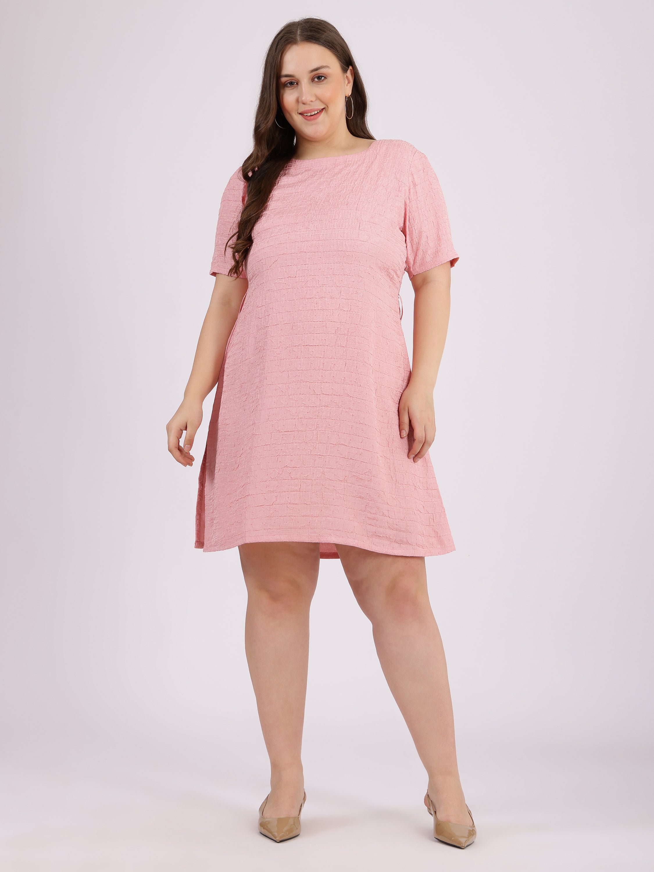 Pink Self-Texture Polyester A-Line Dress – Curvy Lane