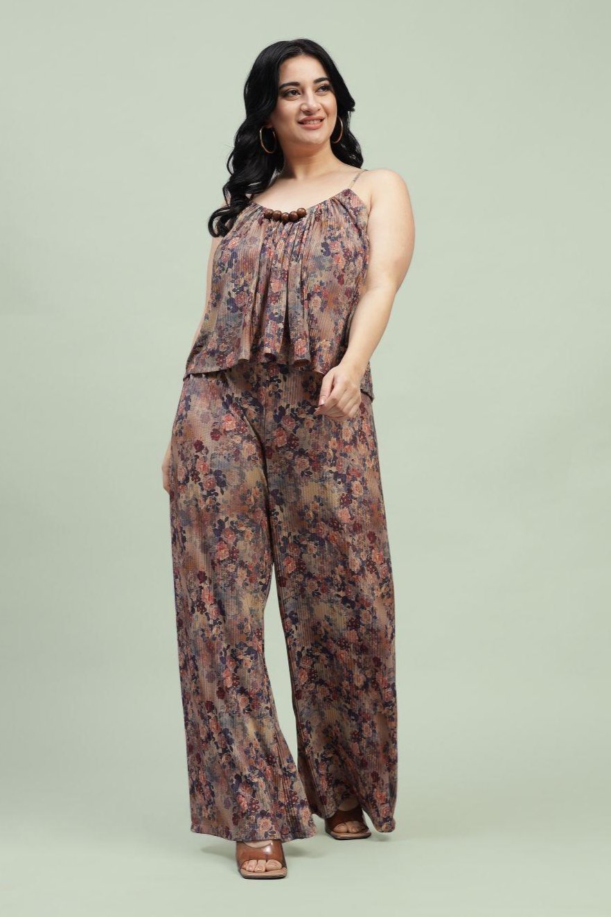 Curvy Lane Women Plus Size Floral Noodle Straps Top and Palazzo Set